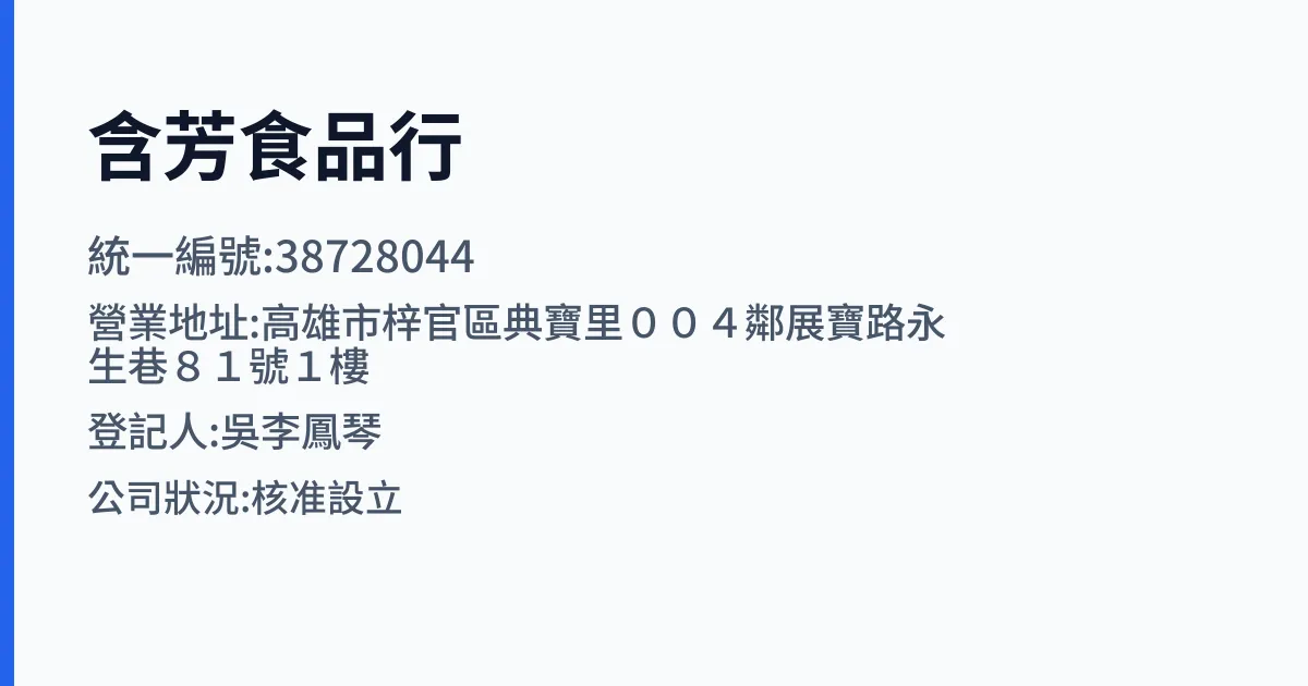 含芳食品行 - 統編 38728044（高雄市） 公司登記資料與營業項目詳細圖表