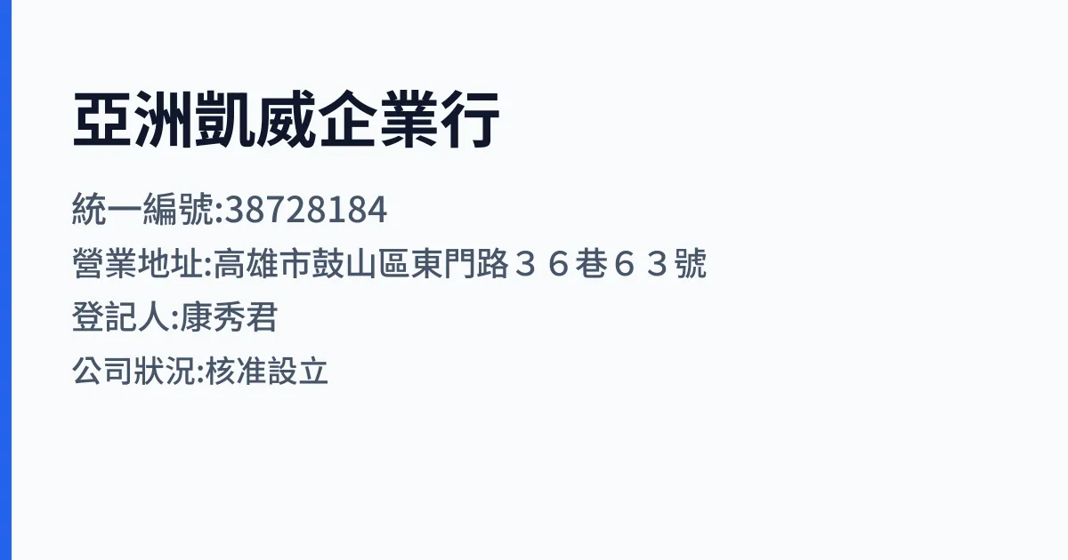 亞洲凱威企業行 - 統編 38728184(高雄市) 公司登記資料與營業項目詳細圖表