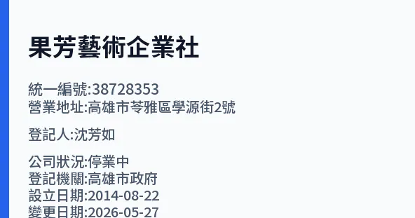 果芳藝術企業社的照片-統編 38728353(高雄市) 公司登記資料與營業項目詳細圖表