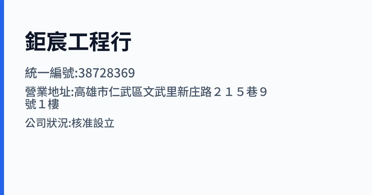 鉅宸工程行 - 統編 38728369(高雄市) 公司登記資料與營業項目詳細圖表