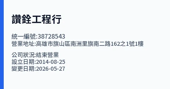 讚銓工程行的照片-統編 38728543(高雄市) 公司登記資料與營業項目詳細圖表