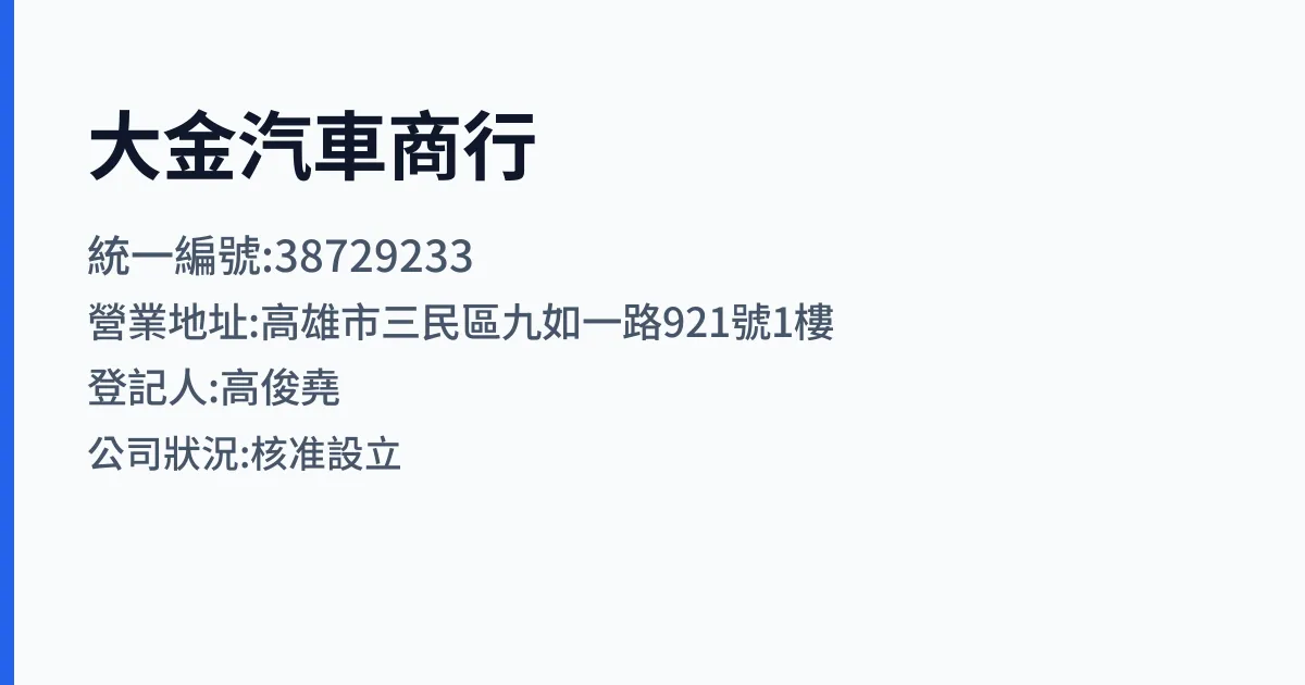 大金汽車商行 - 統編 38729233(高雄市) 公司登記資料與營業項目詳細圖表