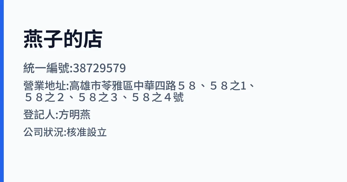 燕子的店 - 統編 38729579(高雄市) 公司登記資料與營業項目詳細圖表