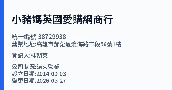 小豬媽英國愛購網商行的照片-統編 38729938(高雄市) 公司登記資料與營業項目詳細圖表