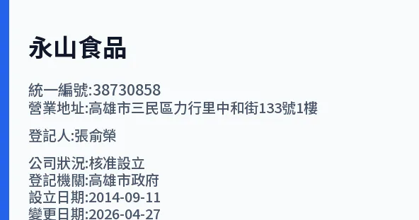 永山食品的照片-統編 38730858(高雄市) 公司登記資料與營業項目詳細圖表