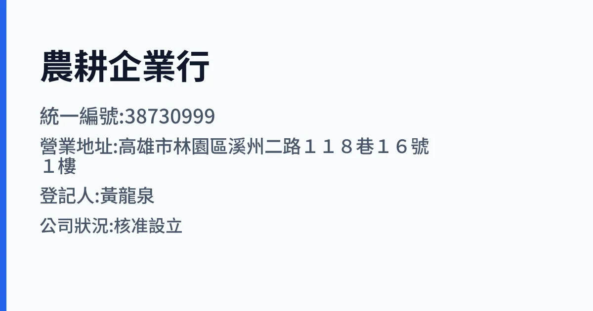 農耕企業行 - 統編 38730999(高雄市) 公司登記資料與營業項目詳細圖表