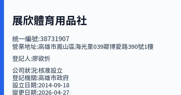 展欣體育用品社的照片-統編 38731907(高雄市) 公司登記資料與營業項目詳細圖表