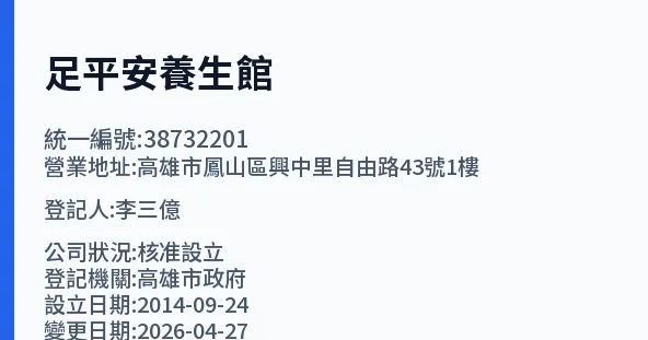 足平安養生館的照片-統編 38732201(高雄市) 公司登記資料與營業項目詳細圖表