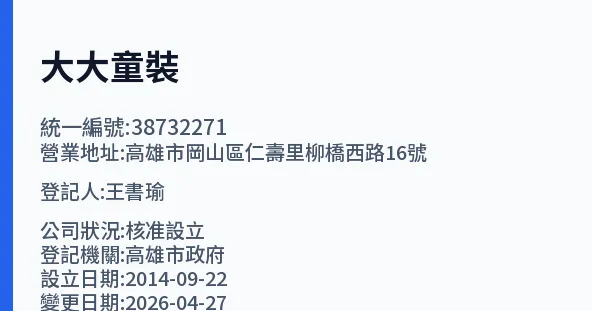 大大童裝的照片-統編 38732271(高雄市) 公司登記資料與營業項目詳細圖表