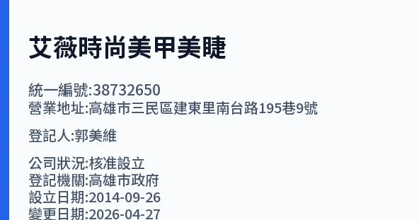 艾薇時尚美甲美睫的照片-統編 38732650(高雄市) 公司登記資料與營業項目詳細圖表