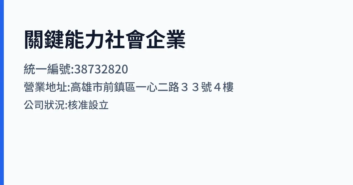 關鍵能力社會企業 - 統編 38732820(高雄市) 公司登記資料與營業項目詳細圖表