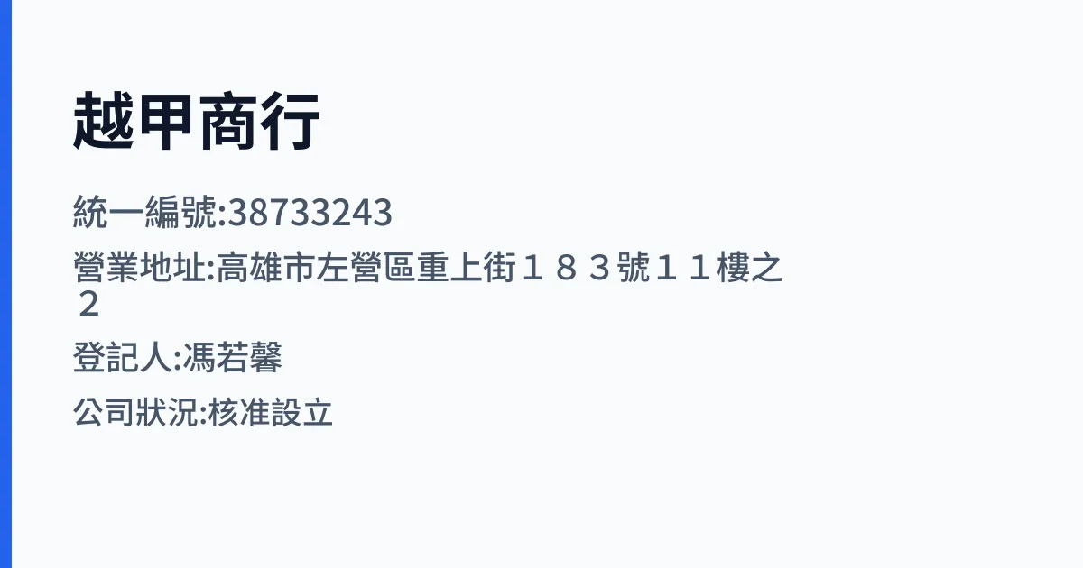 越甲商行 - 統編 38733243(高雄市) 公司登記資料與營業項目詳細圖表