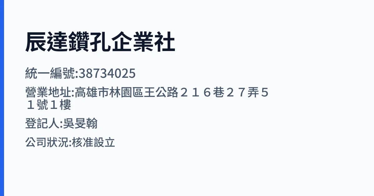 辰達鑽孔企業社 - 統編 38734025(高雄市) 公司登記資料與營業項目詳細圖表