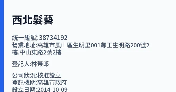 西北髮藝的照片-統編 38734192(高雄市) 公司登記資料與營業項目詳細圖表