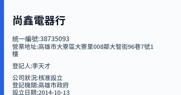 尚鑫電器行的照片-統編 38735093(高雄市) 公司登記資料與營業項目詳細圖表