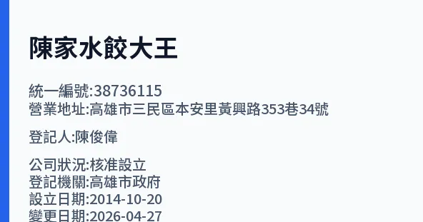 陳家水餃大王的照片-統編 38736115(高雄市) 公司登記資料與營業項目詳細圖表