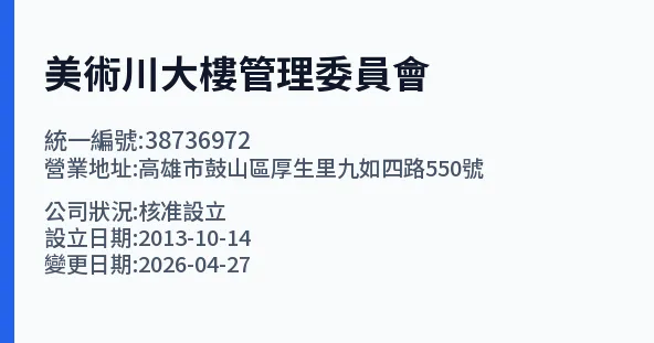 美術川大樓管理委員會的照片-統編 38736972(高雄市) 公司登記資料與營業項目詳細圖表