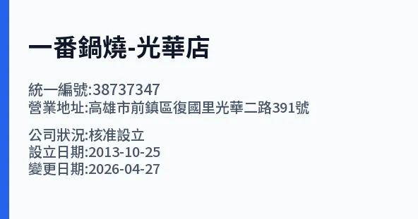 一番鍋燒-光華店的照片-統編 38737347(高雄市) 公司登記資料與營業項目詳細圖表