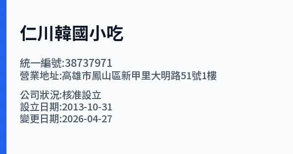 仁川韓國小吃的照片-統編 38737971(高雄市) 公司登記資料與營業項目詳細圖表