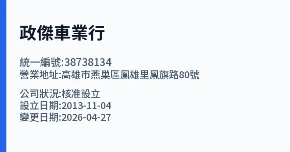政傑車業行的照片-統編 38738134(高雄市) 公司登記資料與營業項目詳細圖表