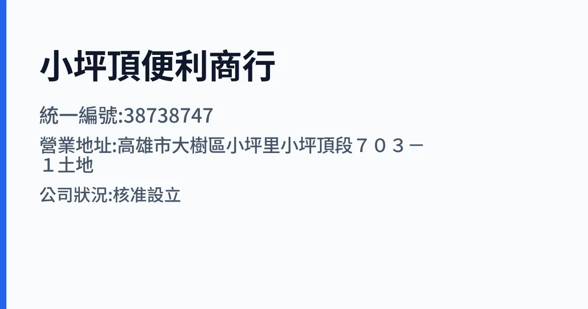 小坪頂便利商行 - 統編 38738747(高雄市) 公司登記資料與營業項目詳細圖表