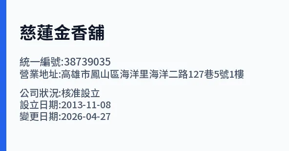 慈蓮金香舖的照片-統編 38739035(高雄市) 公司登記資料與營業項目詳細圖表