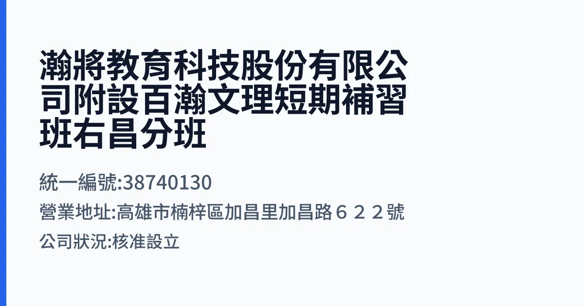 瀚將教育科技股份有限公司附設百瀚文理短期補習班右昌分班 - 統編 38740130(高雄市) 公司登記資料與營業項目詳細圖表