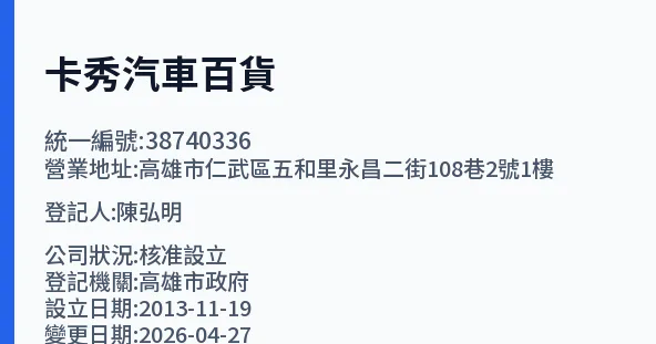 卡秀汽車百貨的照片-統編 38740336(高雄市) 公司登記資料與營業項目詳細圖表