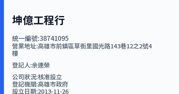 坤億工程行的照片-統編 38741095(高雄市) 公司登記資料與營業項目詳細圖表