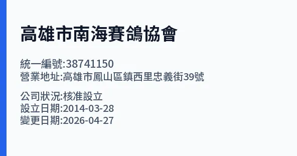 高雄市南海賽鴿協會的照片-統編 38741150(高雄市) 公司登記資料與營業項目詳細圖表