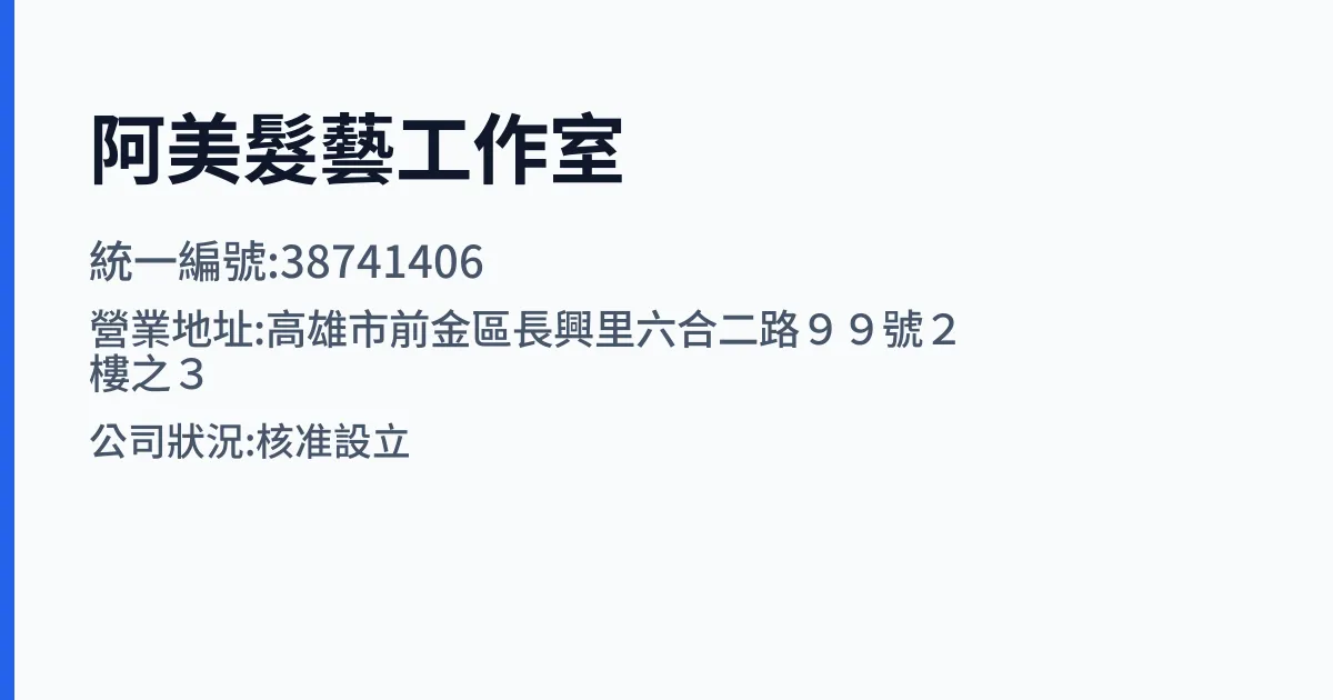 阿美髮藝工作室 - 統編 38741406(高雄市) 公司登記資料與營業項目詳細圖表