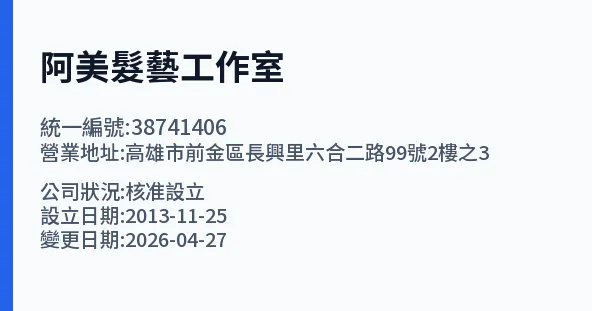 阿美髮藝工作室的照片-統編 38741406(高雄市) 公司登記資料與營業項目詳細圖表
