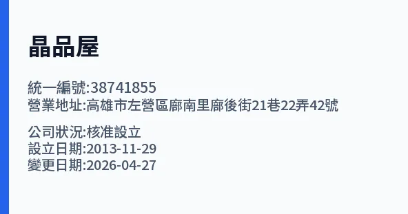 晶品屋的照片-統編 38741855(高雄市) 公司登記資料與營業項目詳細圖表