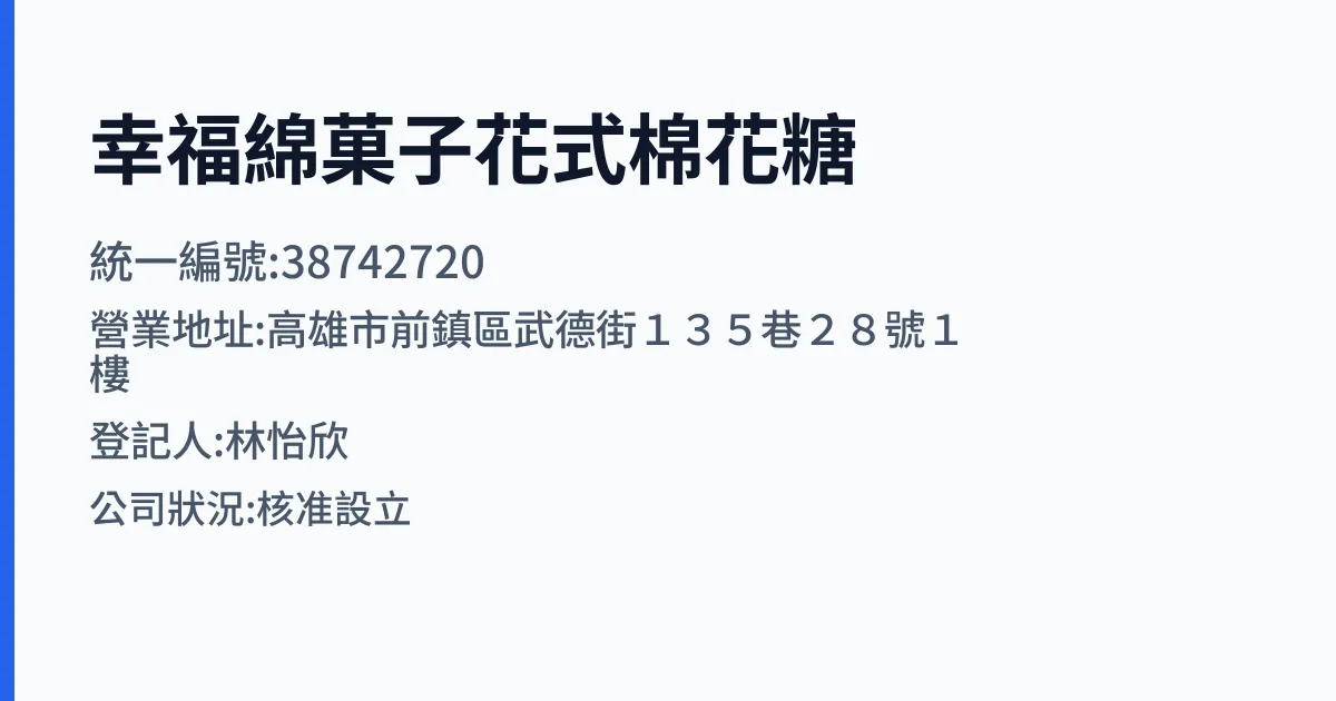 幸福綿菓子花式棉花糖 - 統編 38742720（高雄市） 公司登記資料與營業項目詳細圖表