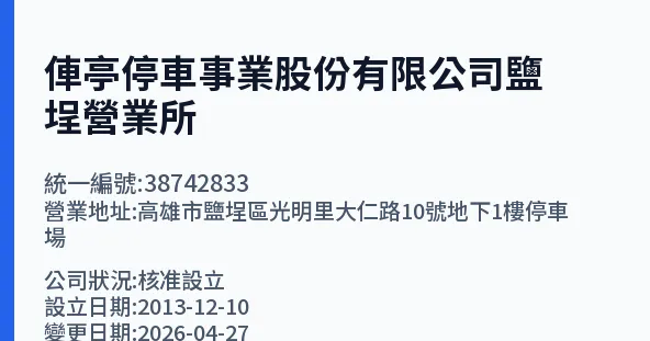 俥亭停車事業股份有限公司鹽埕營業所的照片-統編 38742833(高雄市) 公司登記資料與營業項目詳細圖表
