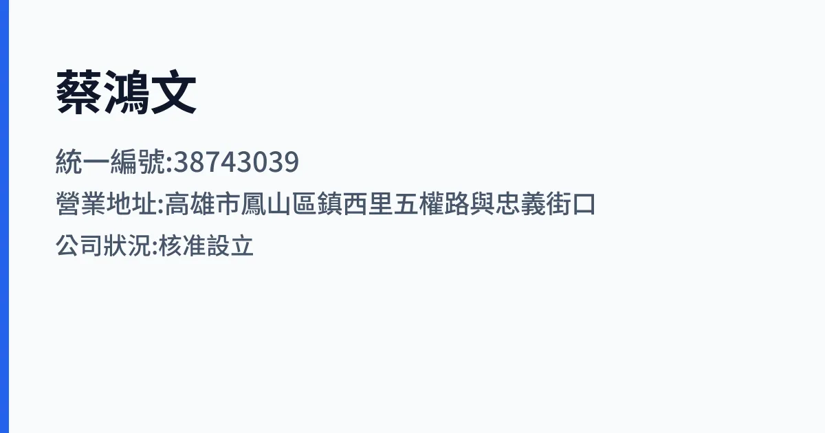 蔡鴻文 - 統編 38743039(高雄市) 公司登記資料與營業項目詳細圖表