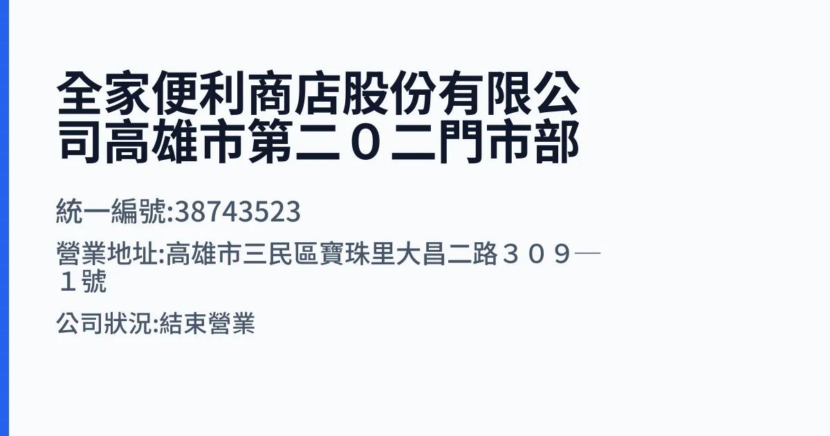 全家便利商店股份有限公司高雄市第二０二門市部 - 統編 38743523(高雄市) 公司登記資料與營業項目詳細圖表