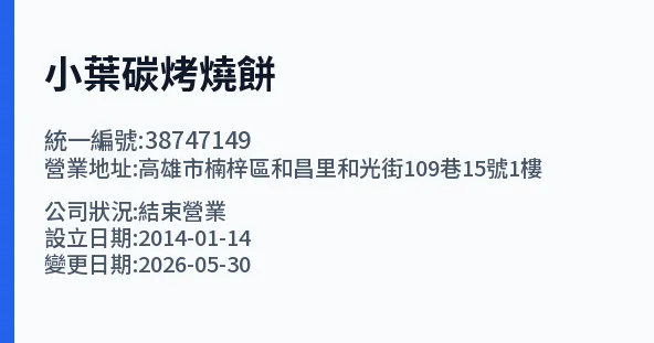 小葉碳烤燒餅的照片-統編 38747149(高雄市) 公司登記資料與營業項目詳細圖表