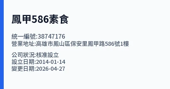 鳳甲586素食的照片-統編 38747176(高雄市) 公司登記資料與營業項目詳細圖表
