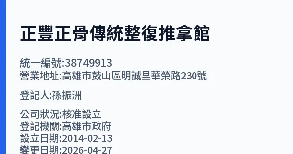 正豐正骨傳統整復推拿館的照片-統編 38749913(高雄市) 公司登記資料與營業項目詳細圖表