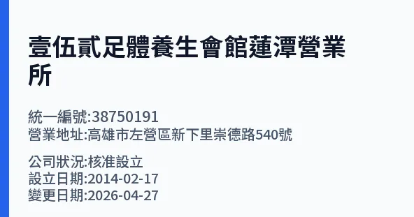 壹伍貳足體養生會館蓮潭營業所的照片-統編 38750191(高雄市) 公司登記資料與營業項目詳細圖表