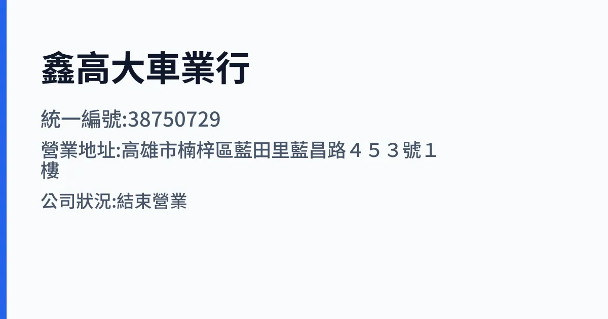鑫高大車業行 - 統編 38750729(高雄市) 公司登記資料與營業項目詳細圖表