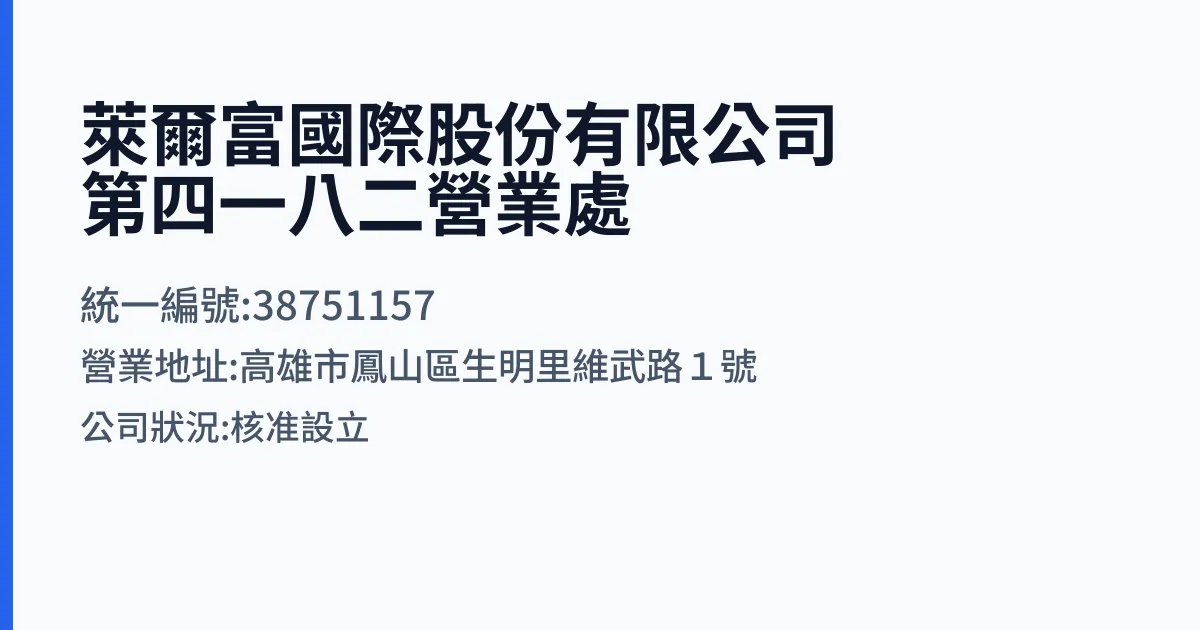 萊爾富國際股份有限公司第四一八二營業處 - 統編 38751157(高雄市) 公司登記資料與營業項目詳細圖表