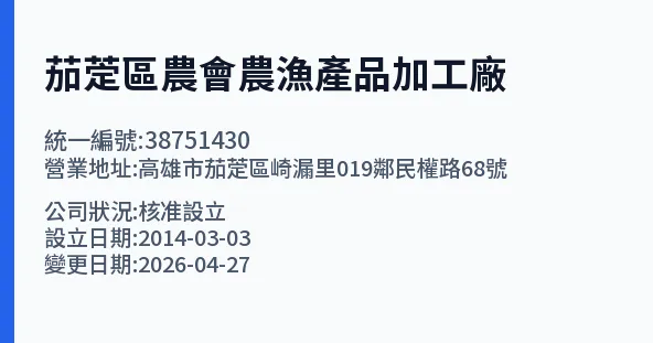 茄萣區農會農漁產品加工廠的照片-統編 38751430(高雄市) 公司登記資料與營業項目詳細圖表
