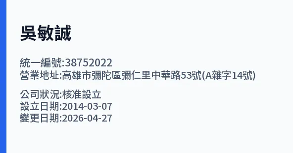 吳敏誠的照片-統編 38752022(高雄市) 公司登記資料與營業項目詳細圖表