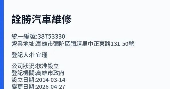 詮勝汽車維修的照片-統編 38753330(高雄市) 公司登記資料與營業項目詳細圖表