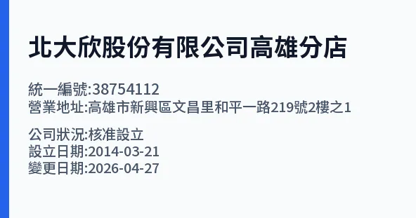 北大欣股份有限公司高雄分店的照片-統編 38754112(高雄市) 公司登記資料與營業項目詳細圖表