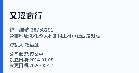 又瑋商行的照片-統編 38758291(彰化縣) 公司登記資料與營業項目詳細圖表