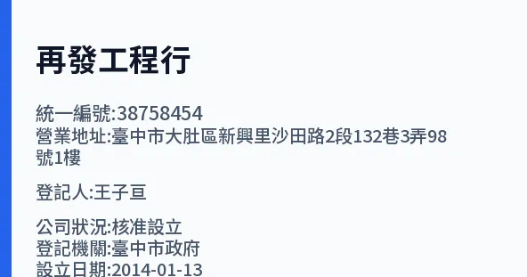 再發工程行的照片-統編 38758454(臺中市) 公司登記資料與營業項目詳細圖表