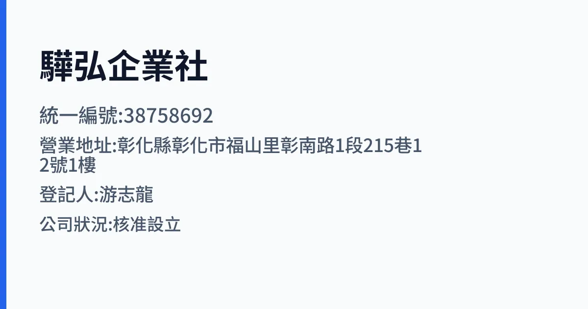 驊弘企業社 - 統編 38758692(彰化縣) 公司登記資料與營業項目詳細圖表